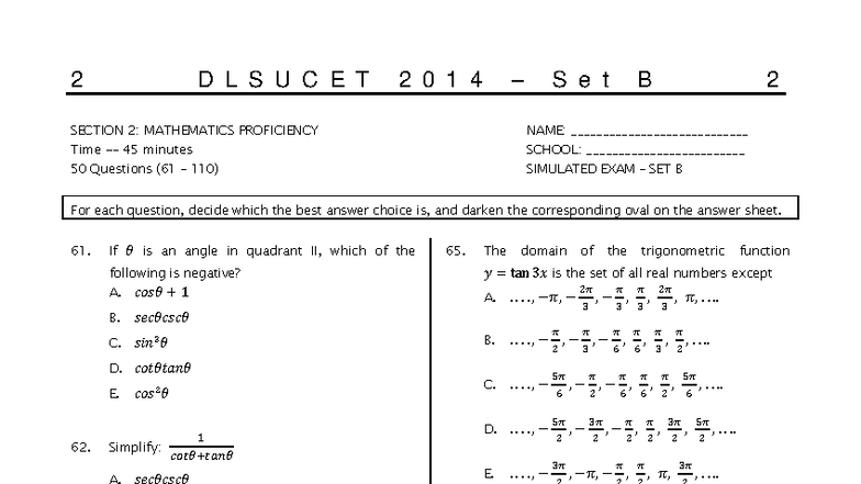 DCAT 2014: Mathematics Proficiency Simulated Exam Set B2 - Studocu