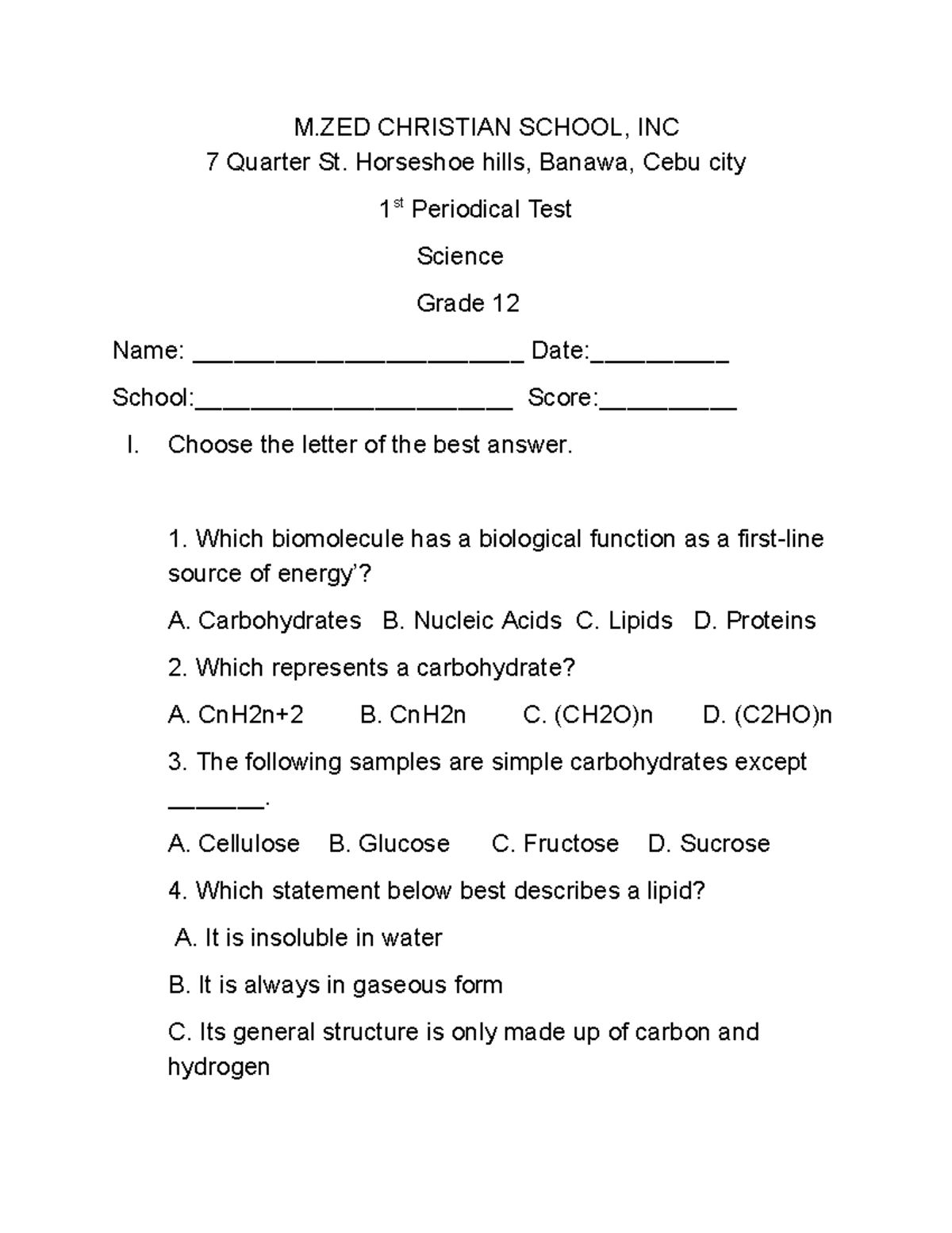 Science Grade 12 - 1st Periodical Test Review Notes - Studocu