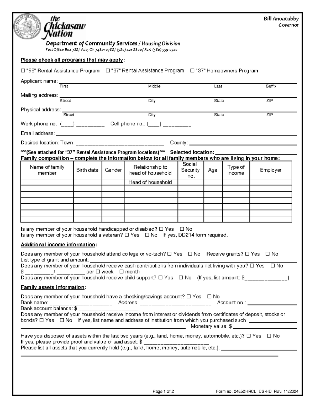 Chickasaw Nation Housing Form - Rental Assistance Application - Studocu