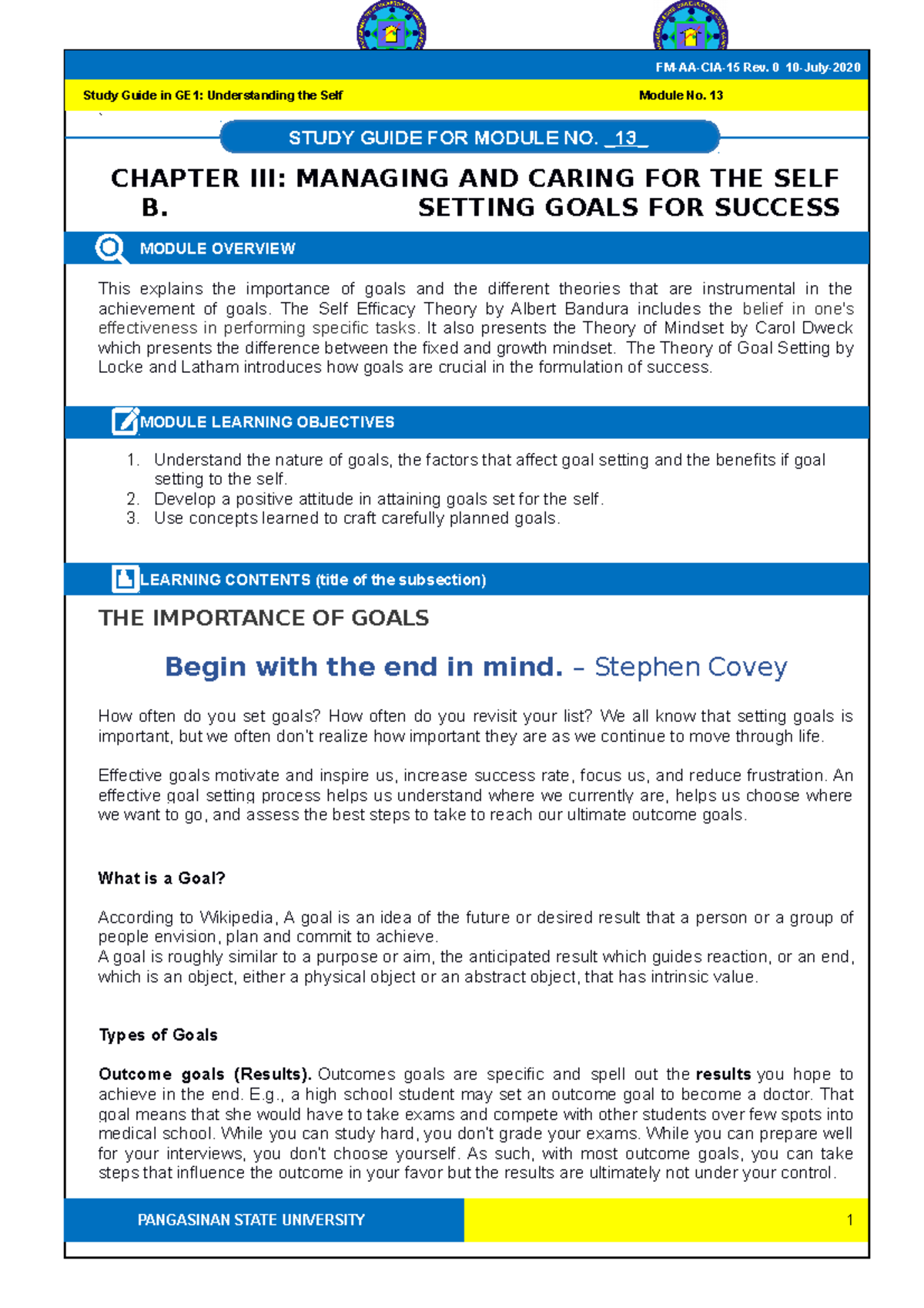 GE1 Module 13 - Setting Goals for Success - Understanding the Self ...