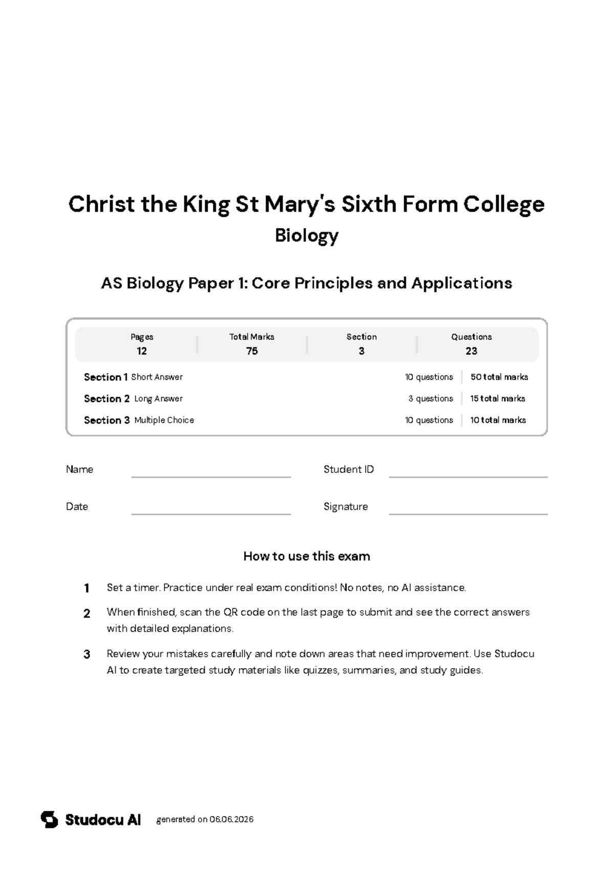 AS Biology Paper 1: Core Principles and Applications - Studocu