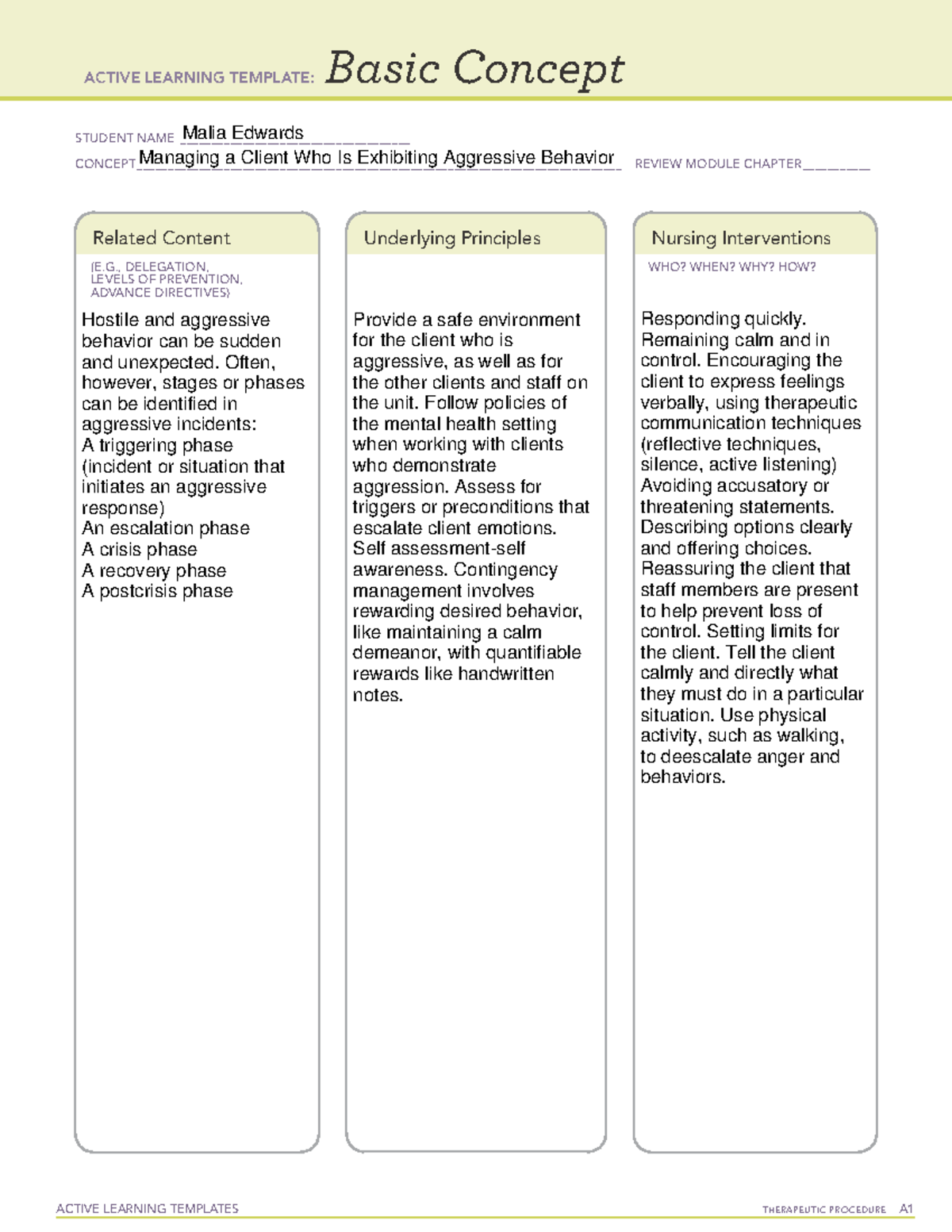 ACTIVE LEARNING TEMPLATE: Managing Aggressive Behavior in Clients - Studocu