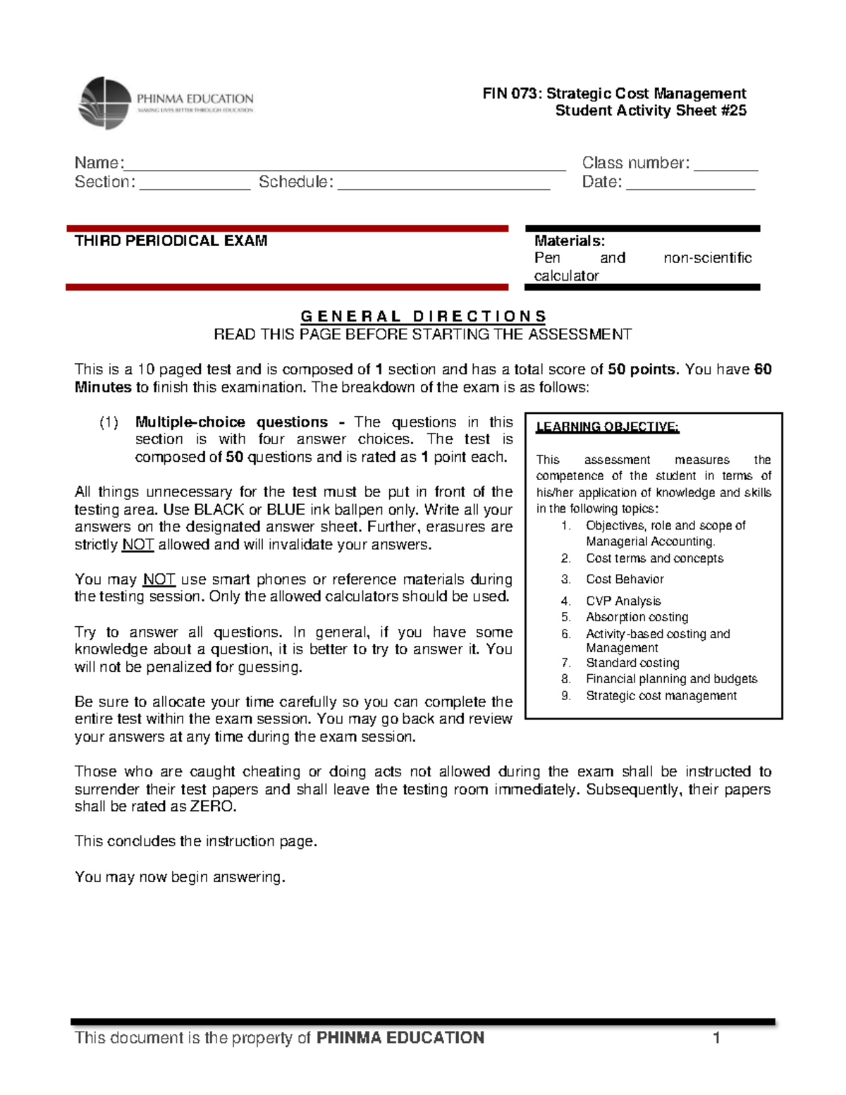 FIN 073: Strategic Cost Management Third Periodical Exam Guide - Studocu