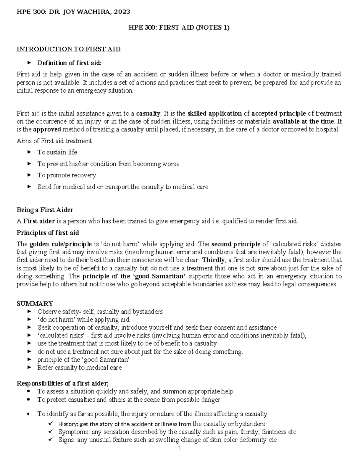 HPE 300: Comprehensive First Aid Notes - Essential Training 2023 - Studocu