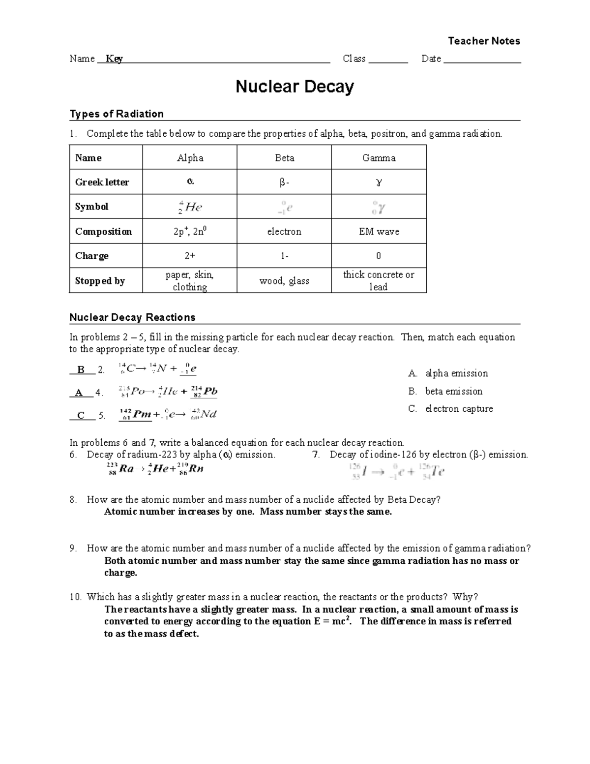 Worksheet - Nuclear Decay Types & Radiation Properties (Class Notes ...