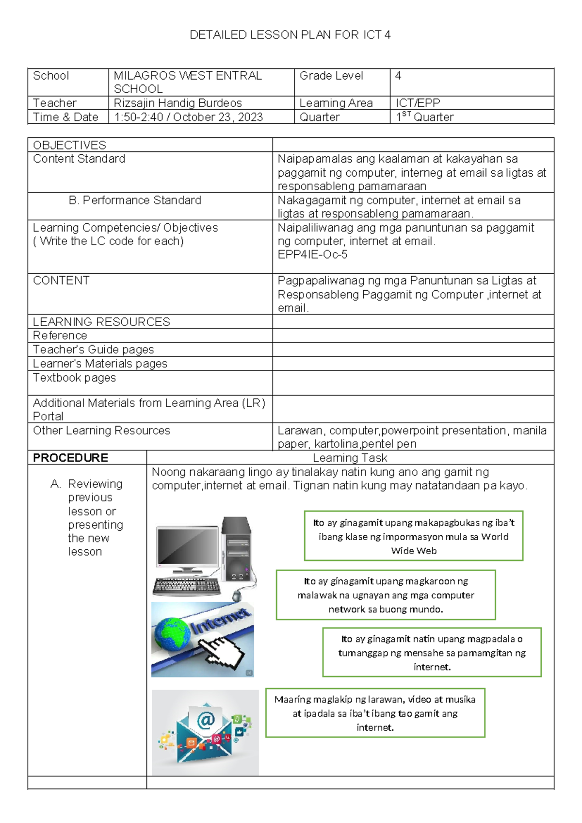 Detailed Lesson Plan for ICT 4: Safe Use of Computers & Internet - Studocu