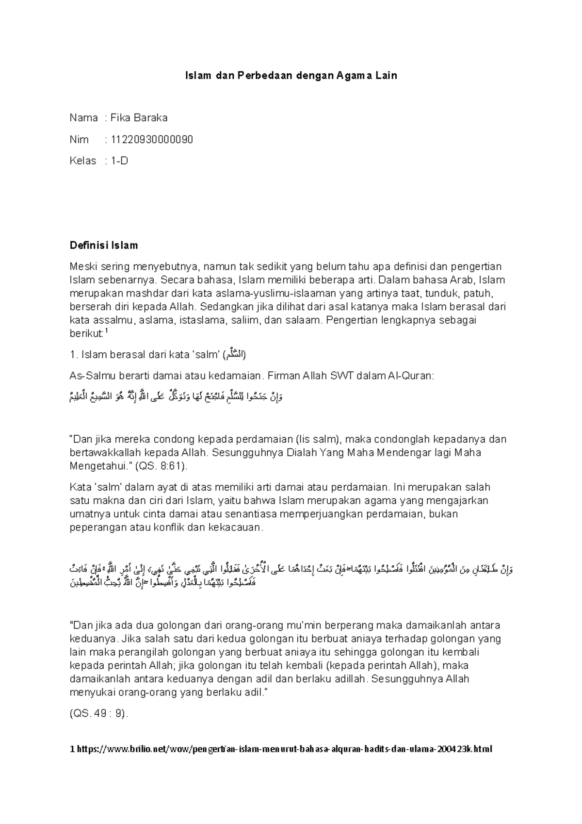 Islam dan Perbedaannya dengan Agama Lain: Pemahaman dan Refleksi - Studocu