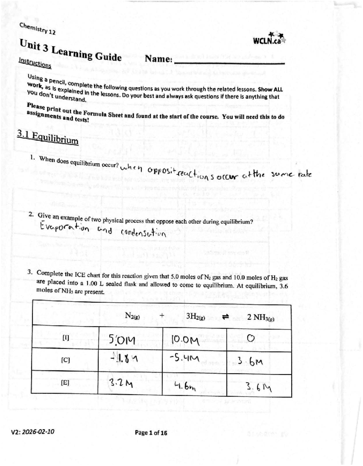 Chemistry 12 WCLN.ca Unit 3 Equilibrium Learning Guide - Studocu