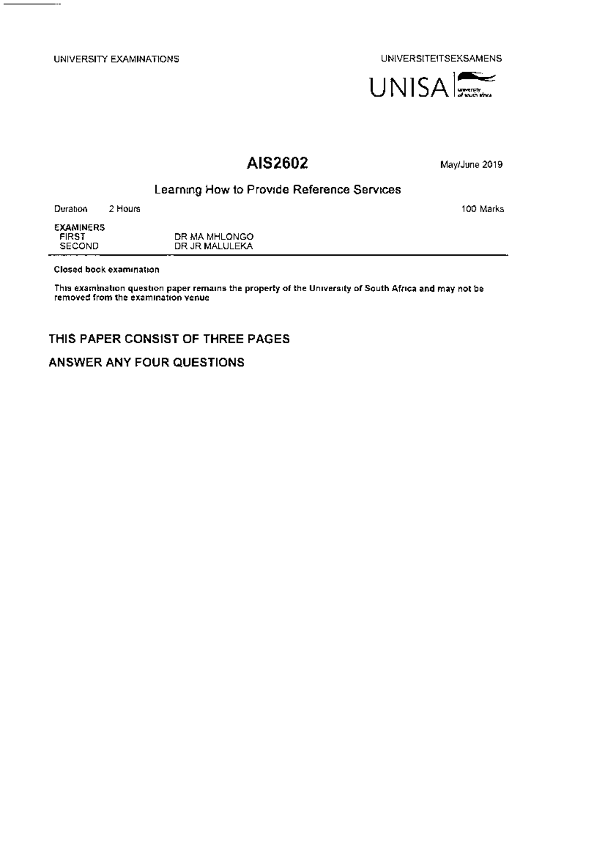 AIS2602 Final Exam Past Question Paper - Reference Services 2019 - Studocu