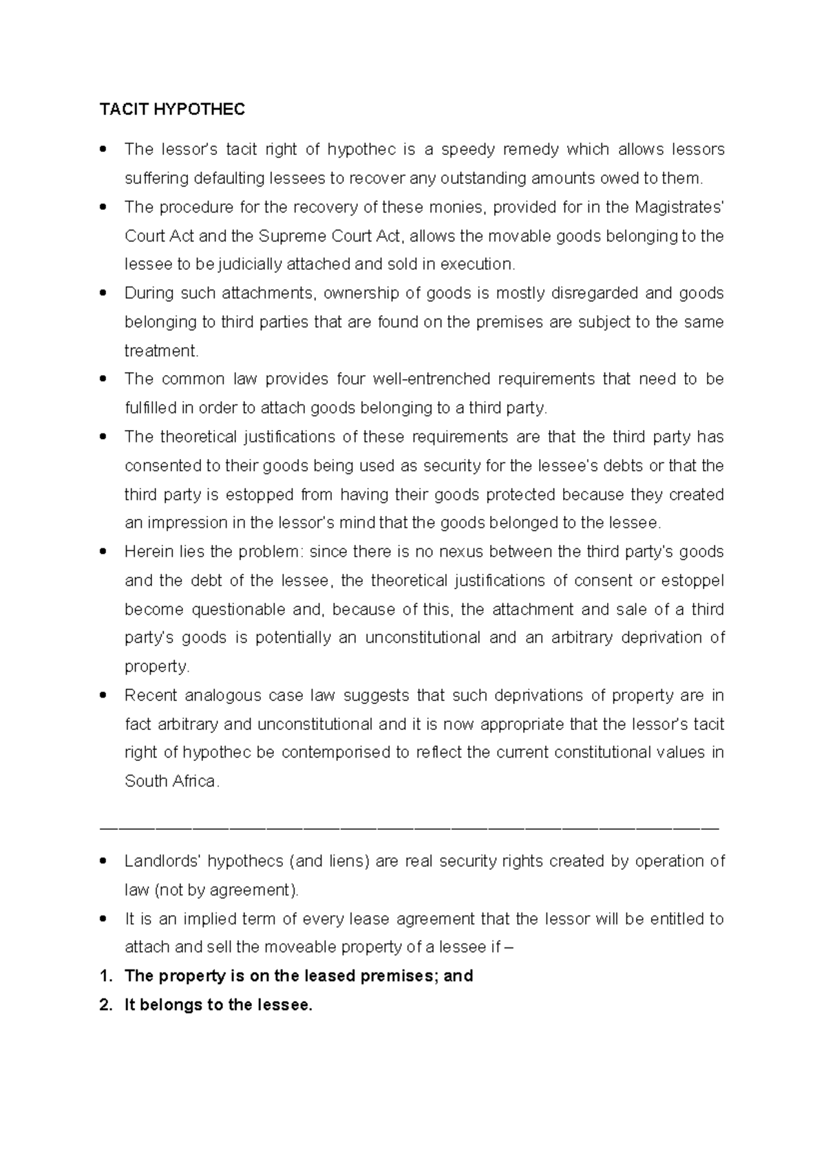 TACIT HYPOTHEC NOTES: Legal Insights and Case Discussions - Studocu