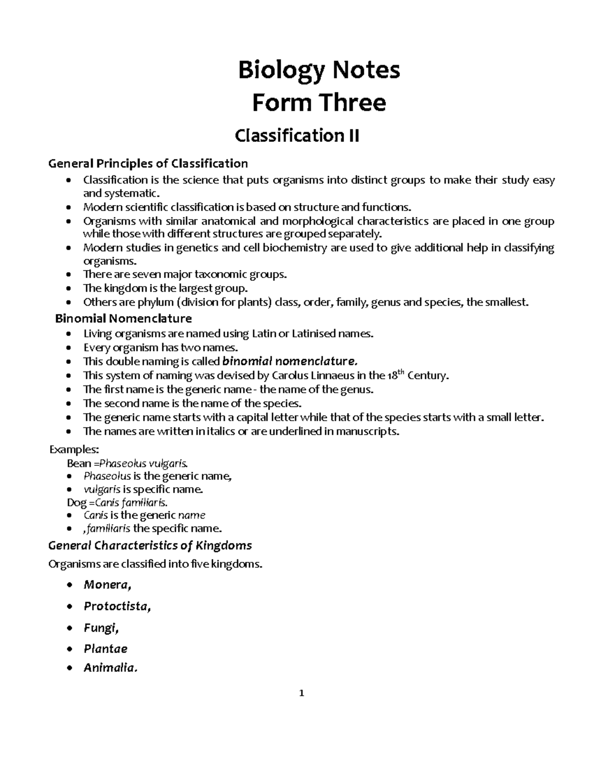 Biology Notes Form 3: Classification, Characteristics & Kingdoms - Studocu