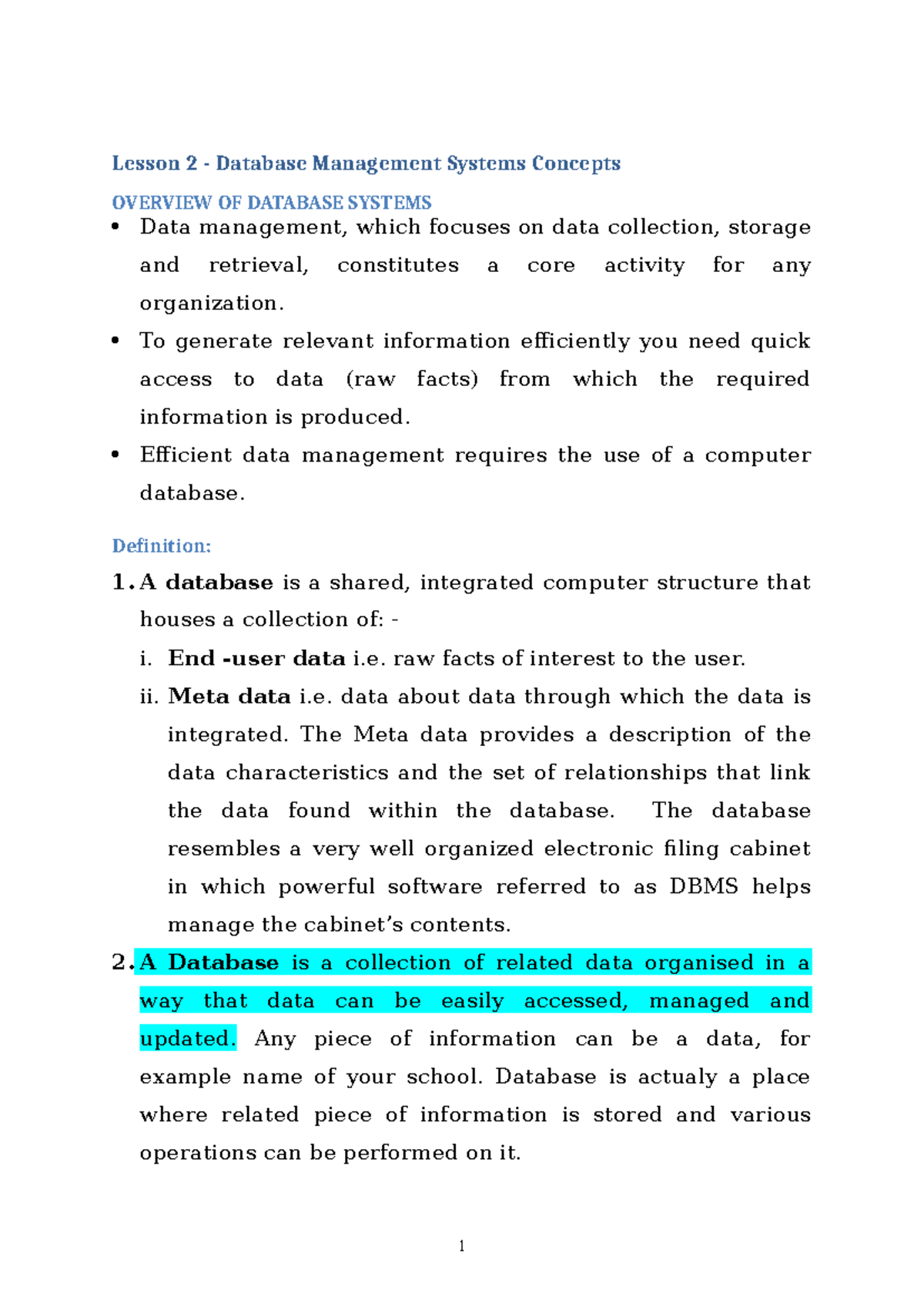 Lesson 2 - Database Management Systems Concepts - Lesson 2 - Database ...