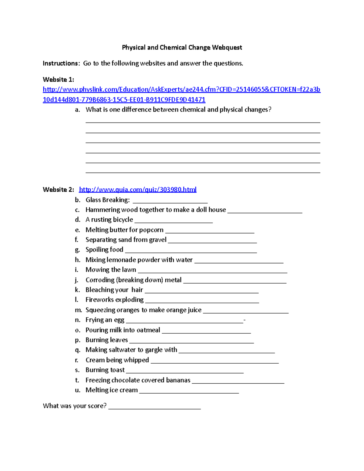 Physical and Chemical Changes: Webquest Instructions and Questions ...