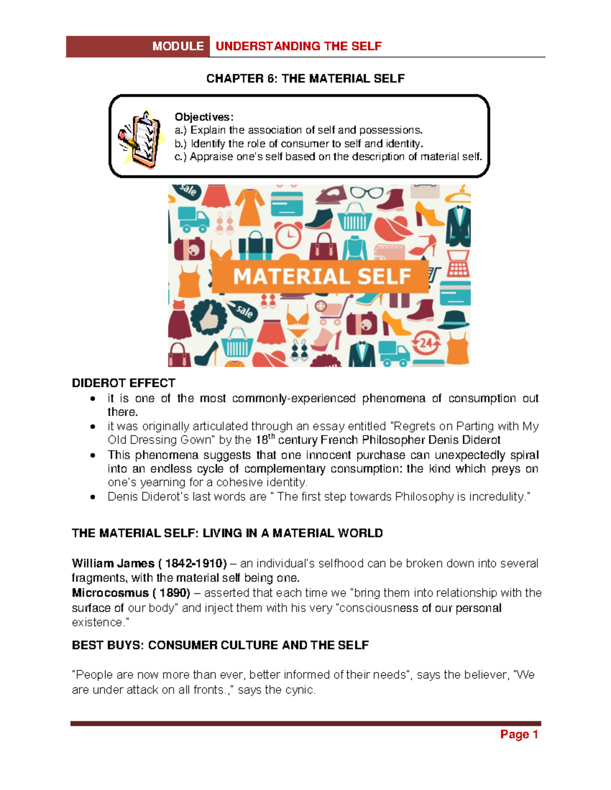 Chapter 6 - THE Material SELF - CHAPTER 6: THE MATERIAL SELF Objectives ...