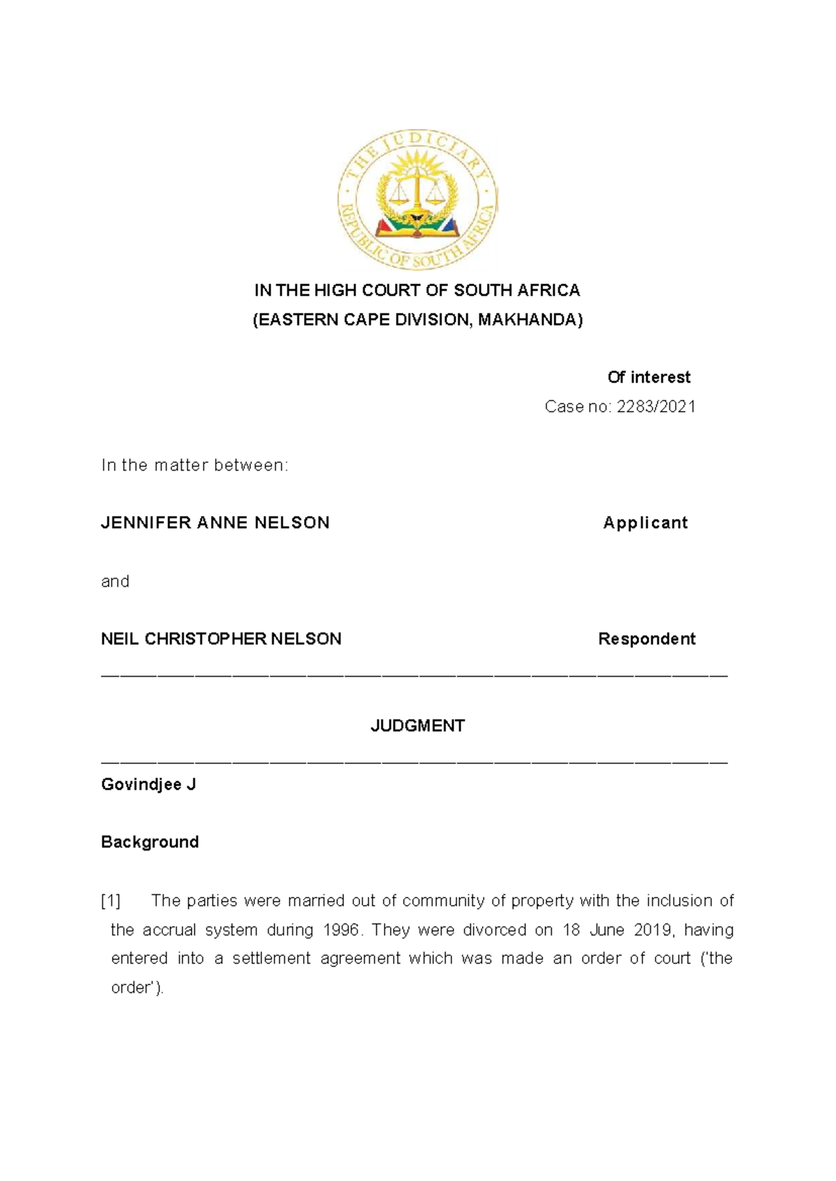 Nelson v Nelson (22832/2021) - Judgment on Settlement Agreement ...