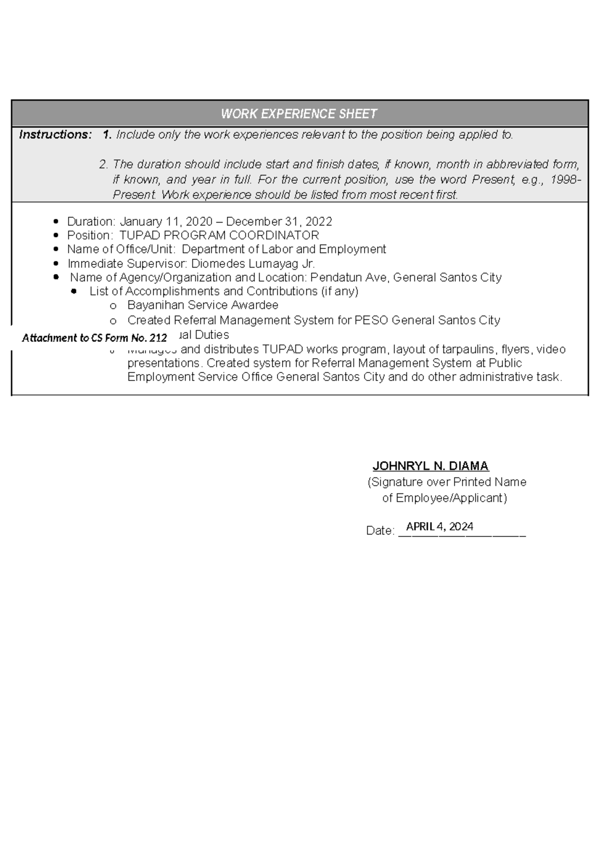 WES Work Experience Sheet for CS Form No. 212 - April 2024 - Studocu