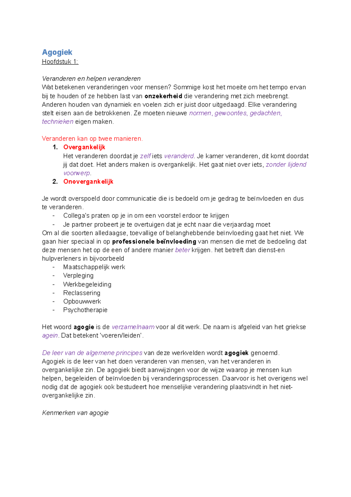 Kernpunten & Begrippen Agogiek - Voor de Verandering (AGOG101 ...