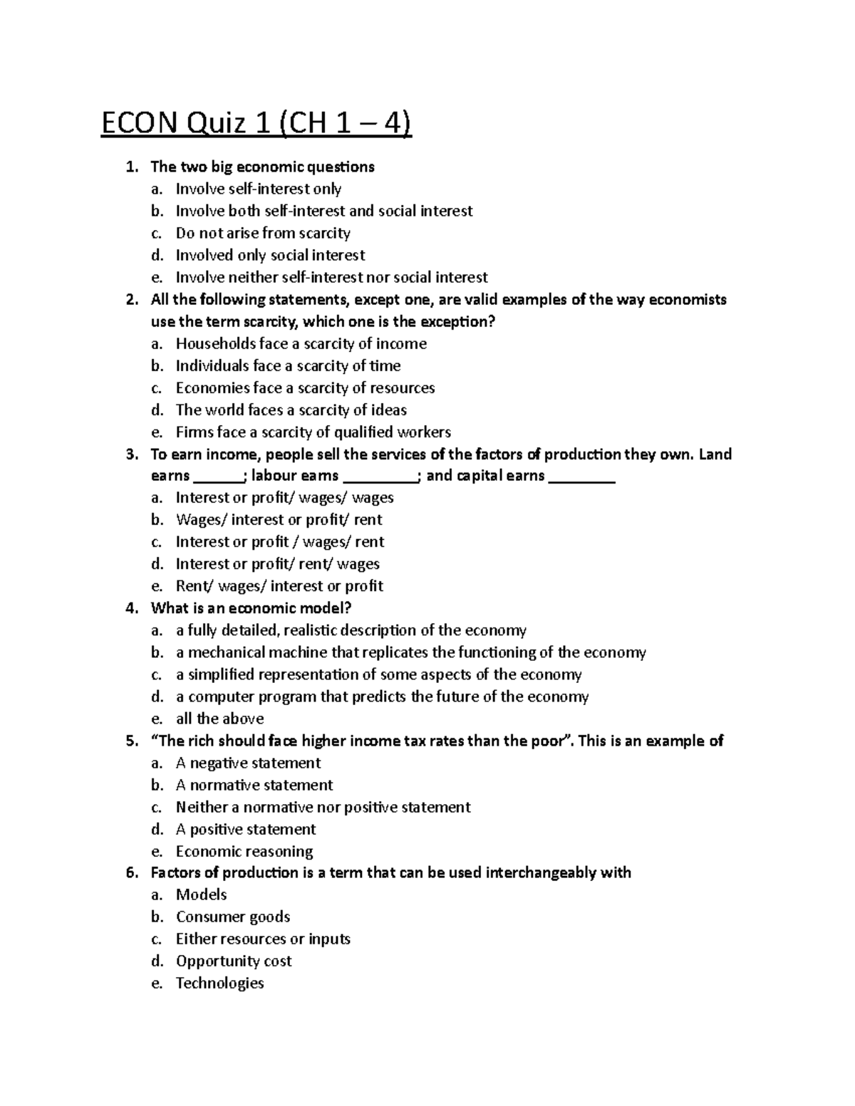 ECON Quiz 1 Overview - Key Notes from Chapters 1 to 4 - Studocu