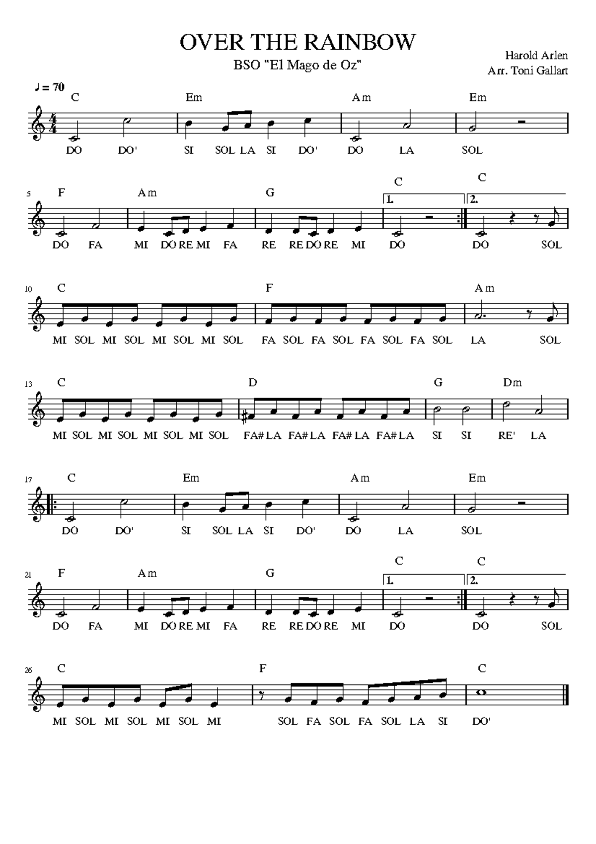 Over the Rainbow BSO Sheet Music Notes for "El Mago de Oz" - Studocu