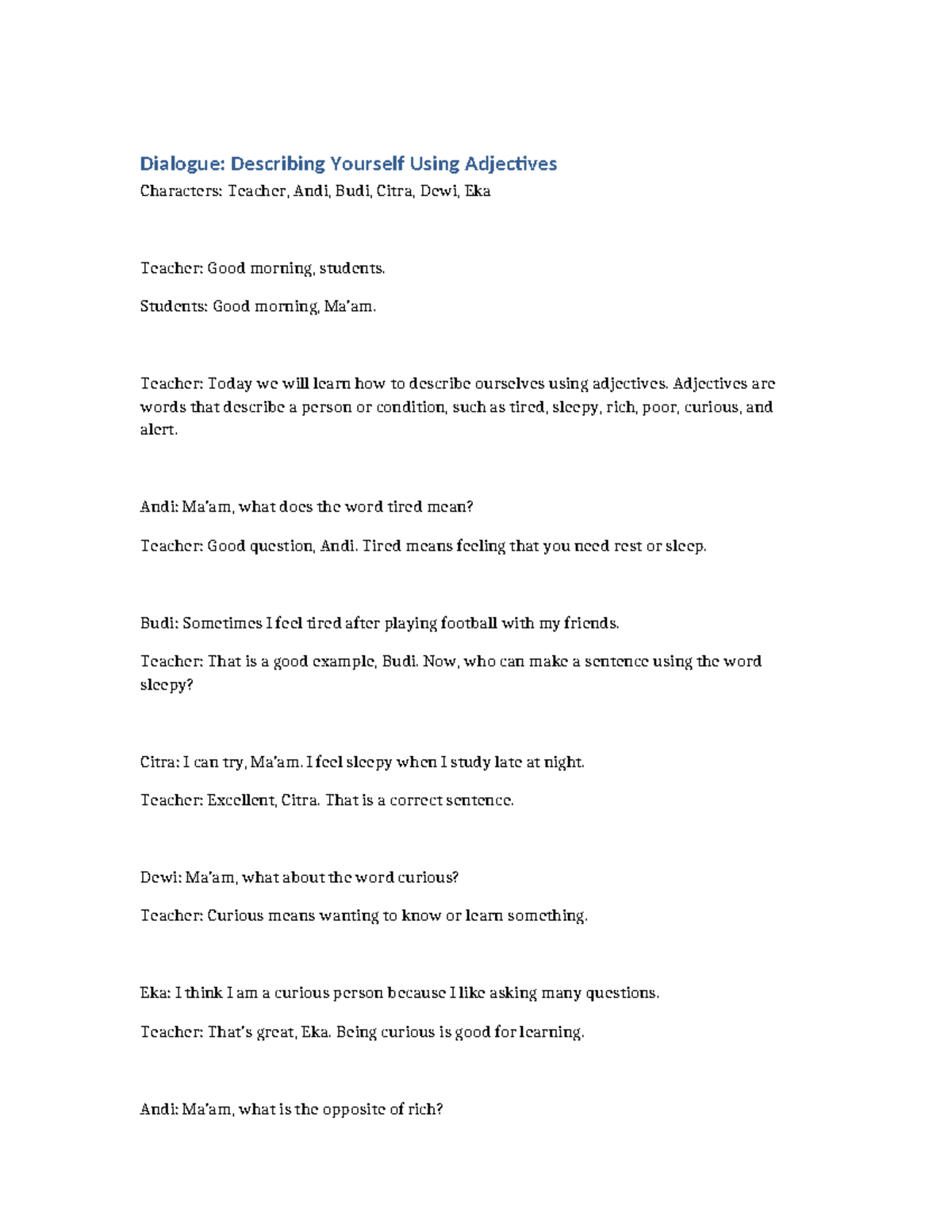 Dialogue: Describing Yourself with Adjectives - Class Activity - Studocu