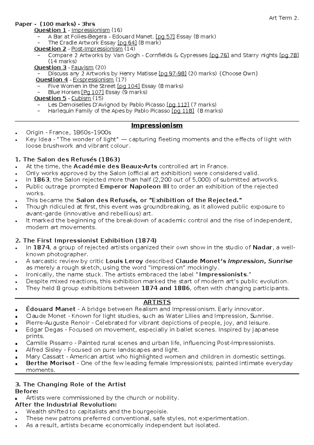 Art Term 2 - Notes on Impressionism, Post-Impressionism, Fauvism ...