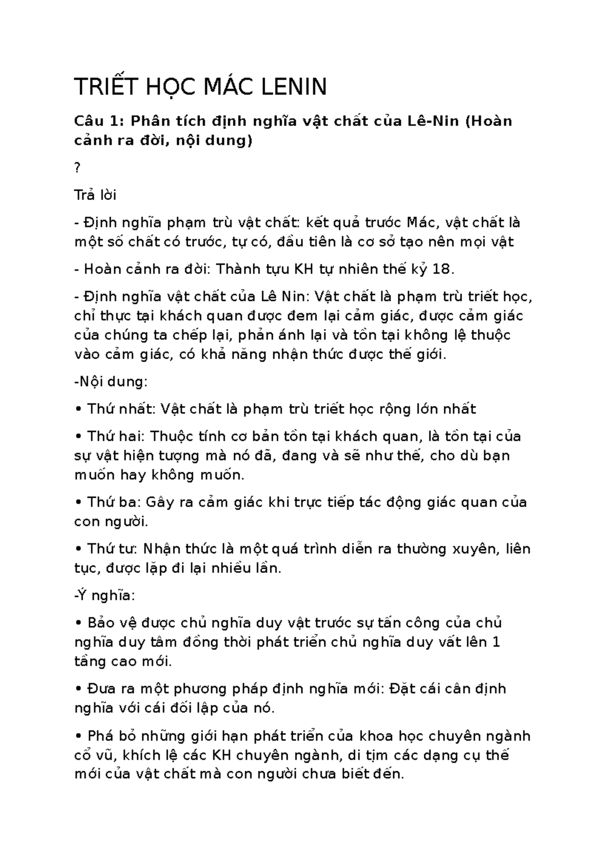 TRIẾT HỌC MÁC Lenin - tuyệt - TRIẾT HỌC MÁC LENIN Câu 1: Phân tích định ...