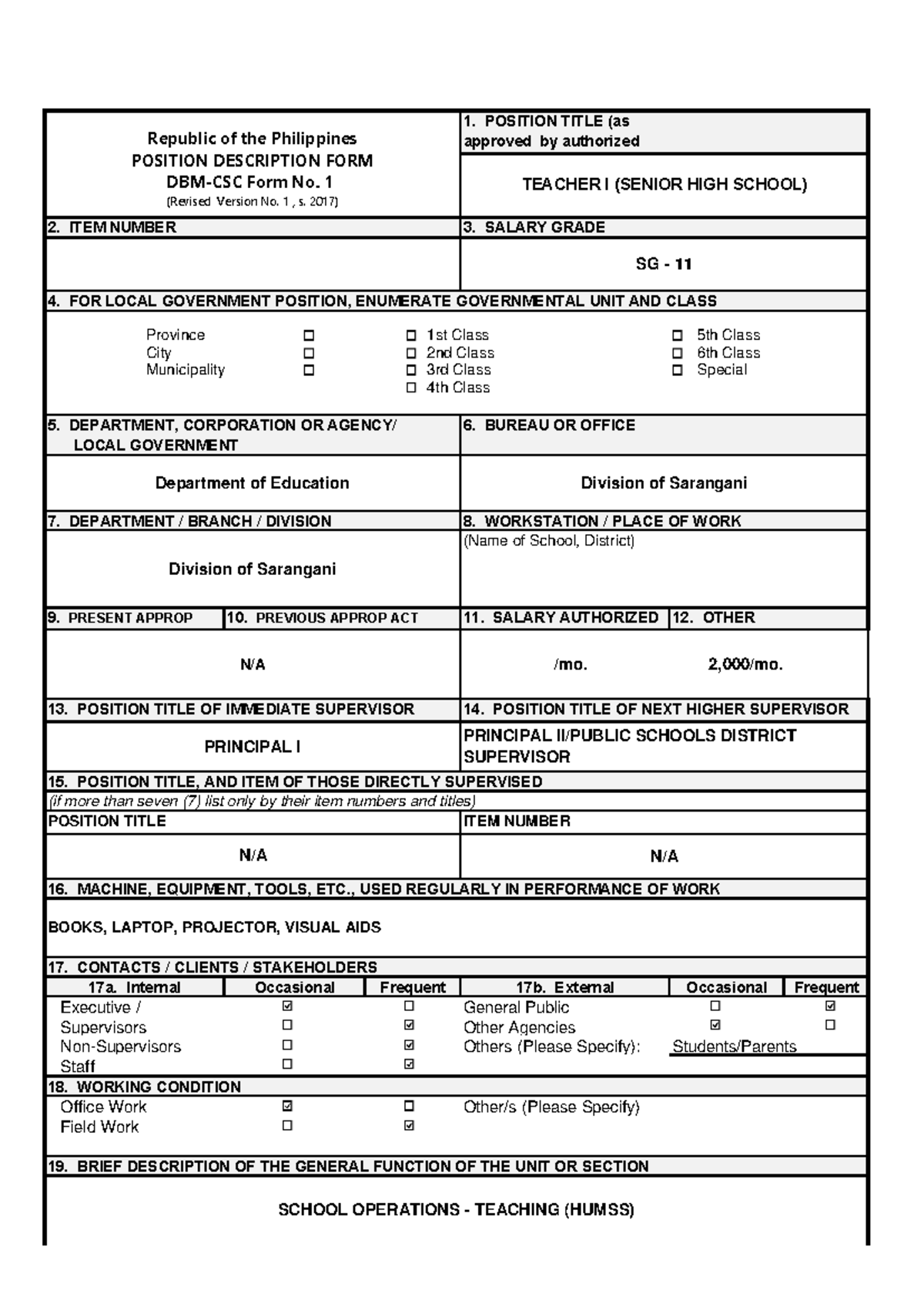 PDF SHS T2- Humss - PDF - 1. POSITION TITLE (as approved by authorized ...