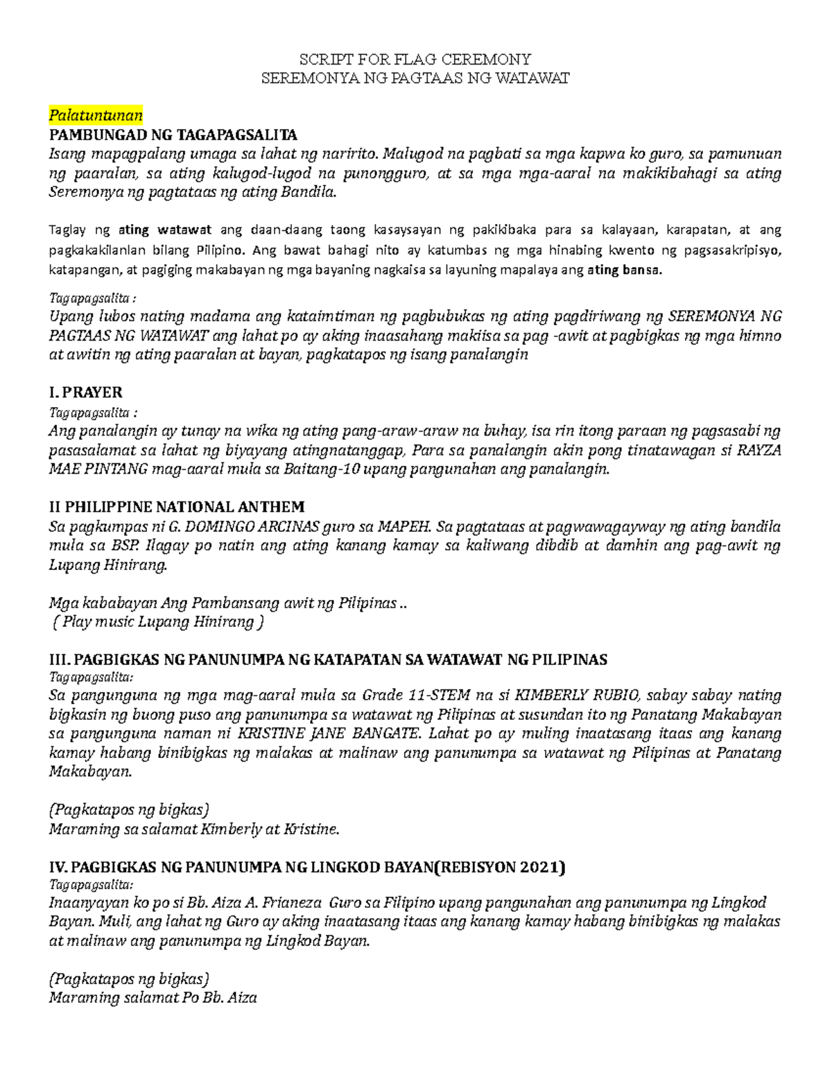 Script for Flag Ceremony: A Comprehensive Guide to the Event - Studocu