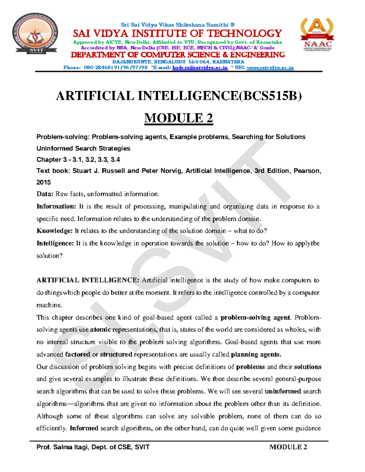 AI Module 2 - Notes on Agents and Uninformed Search Strategies - Studocu