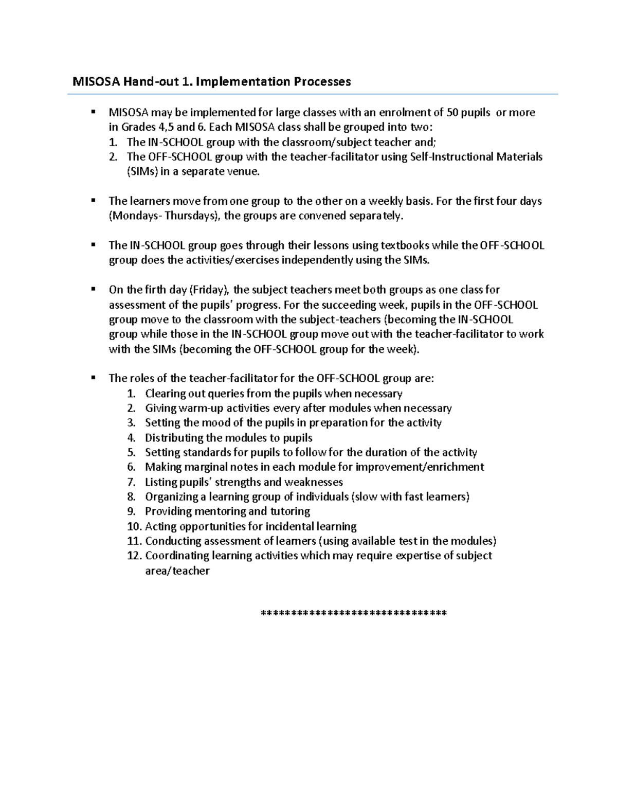 MISOSA Hand-out: Implementing Learning Continuity in Disasters - Studocu