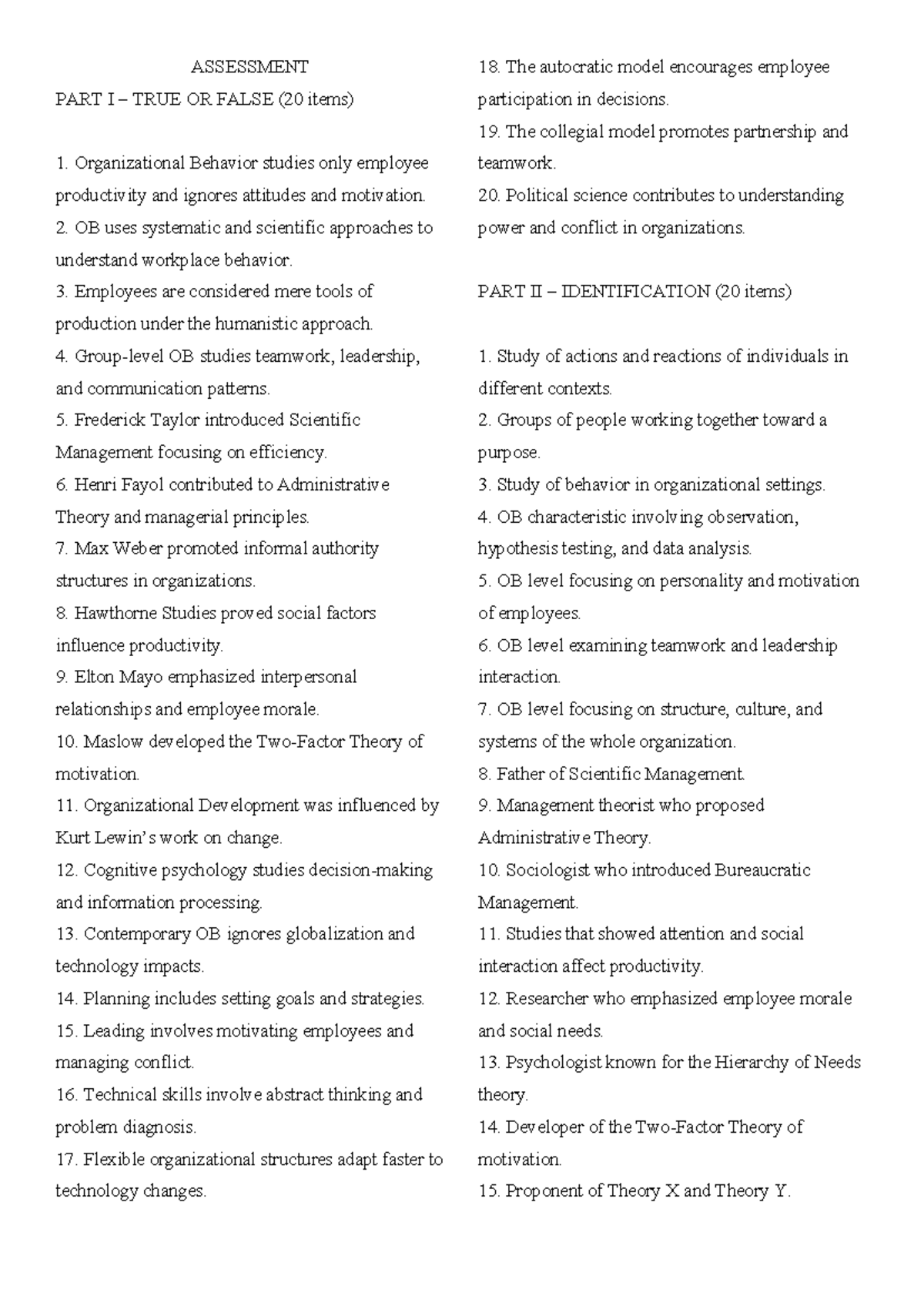 HBO 101: Assessment Part I & II - True/False & Identification - Studocu