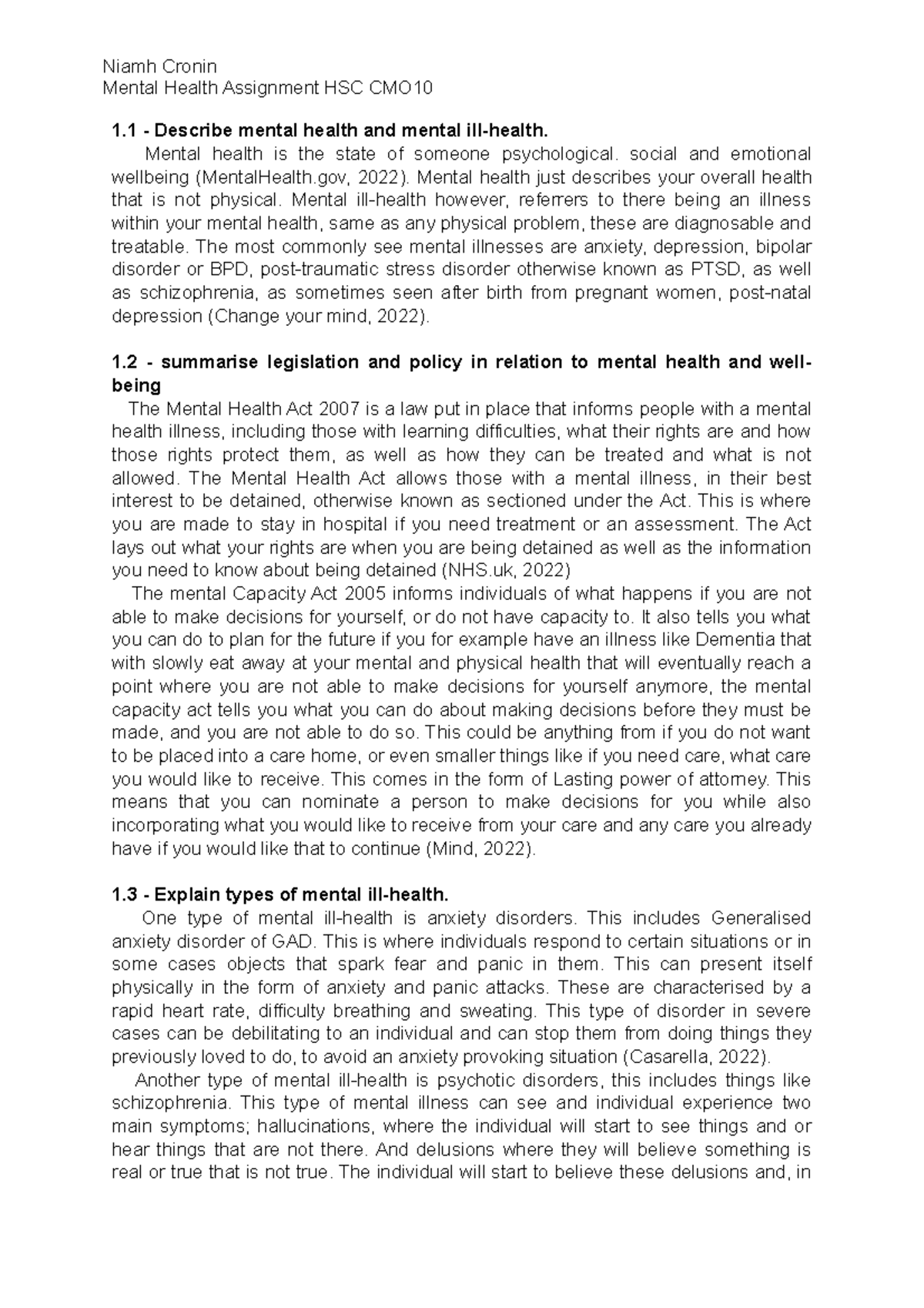 HSC CMO10 - Comprehensive Mental Health Assignment Overview - Studocu