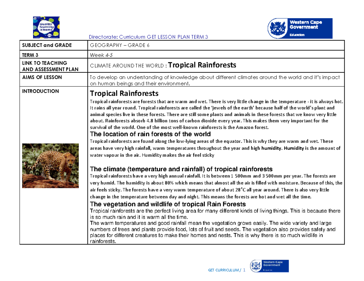 Lesson Plan: Geography Grade 6 T3 - Climate & Tropical Rainforests ...