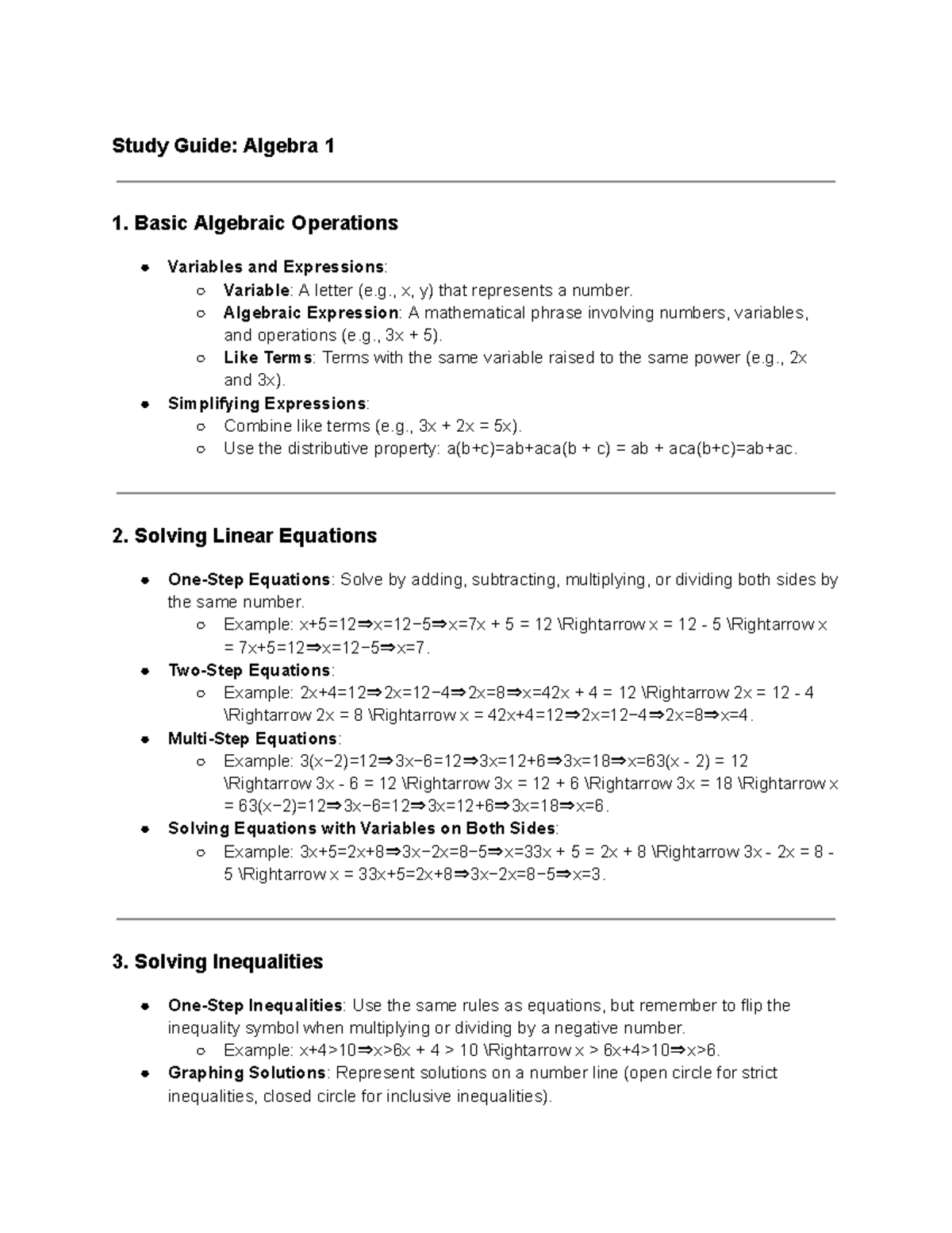 Algebra 1 Study Guide: Basic Operations & Equations - Studocu