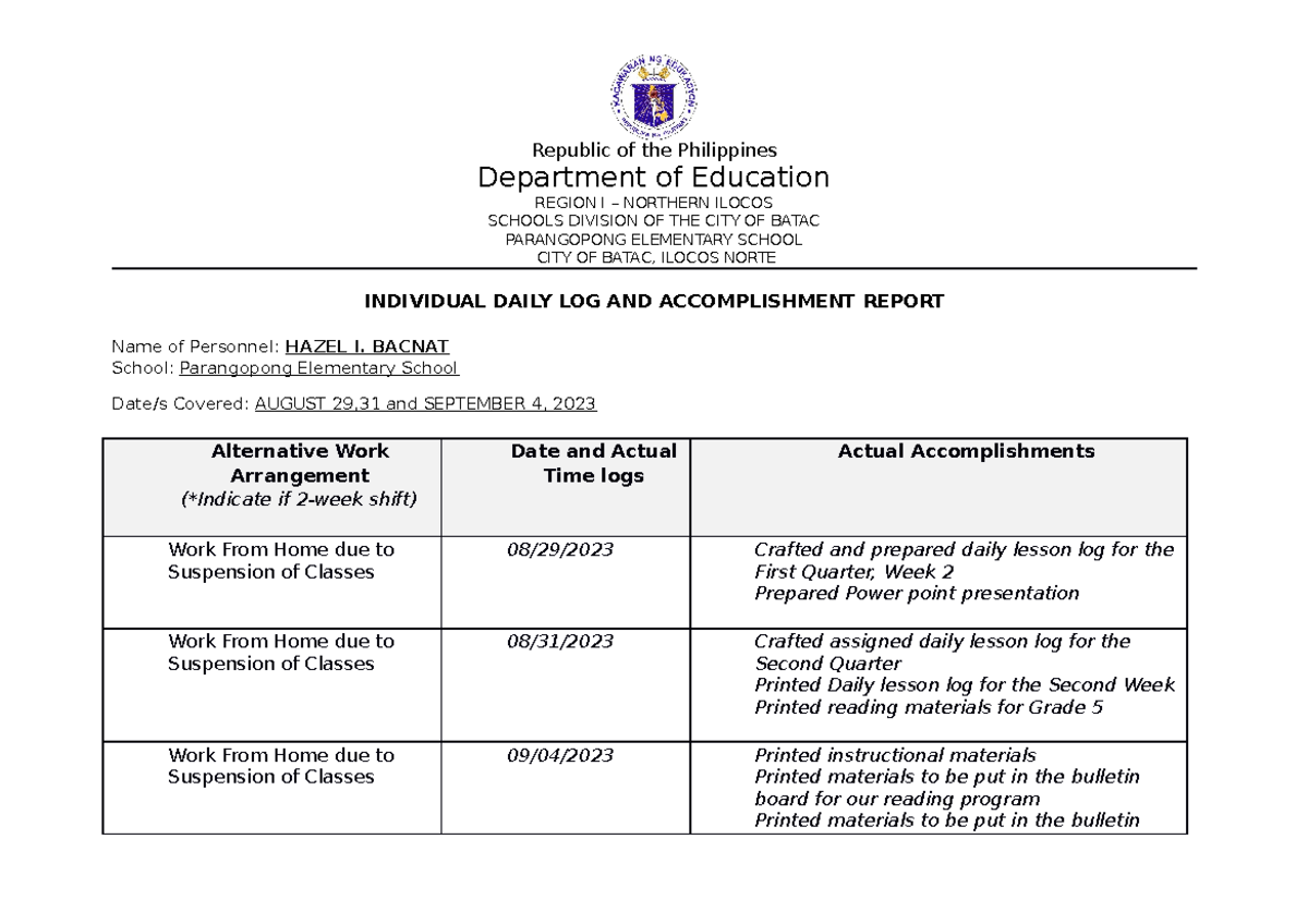 Accomplishment Report for Suspension of Classes - Aug/Sep 2023 - Studocu