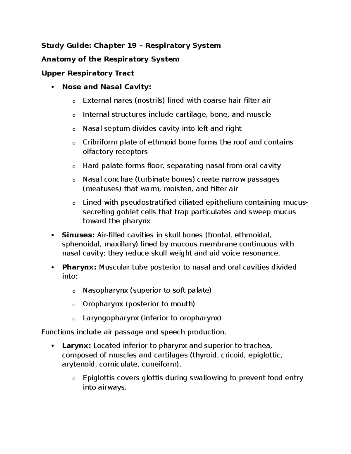 Study Guide 19-21: Anatomy of the Respiratory & Urinary Systems - Studocu