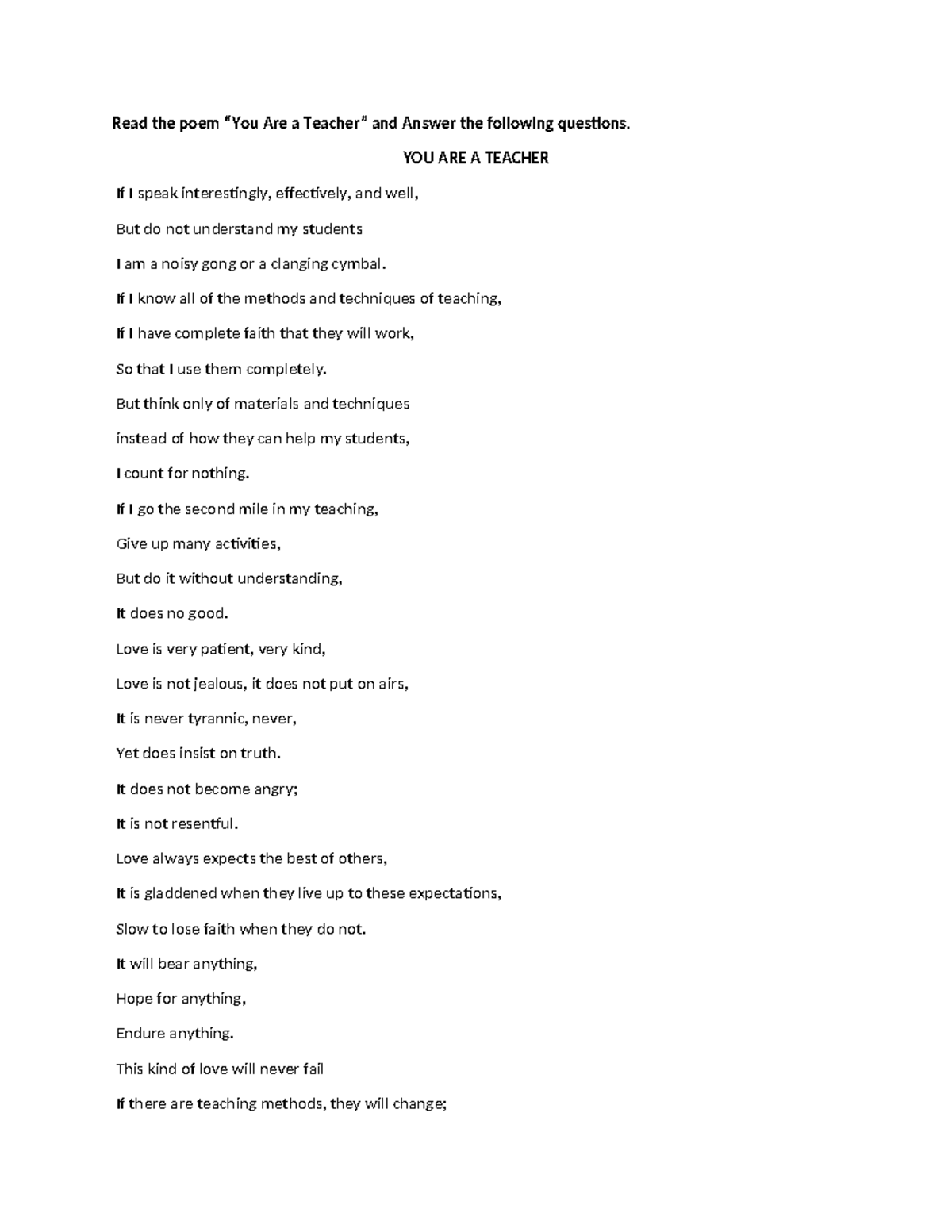 You are a Teacher: Poem Analysis and Reflection Activity - Studocu