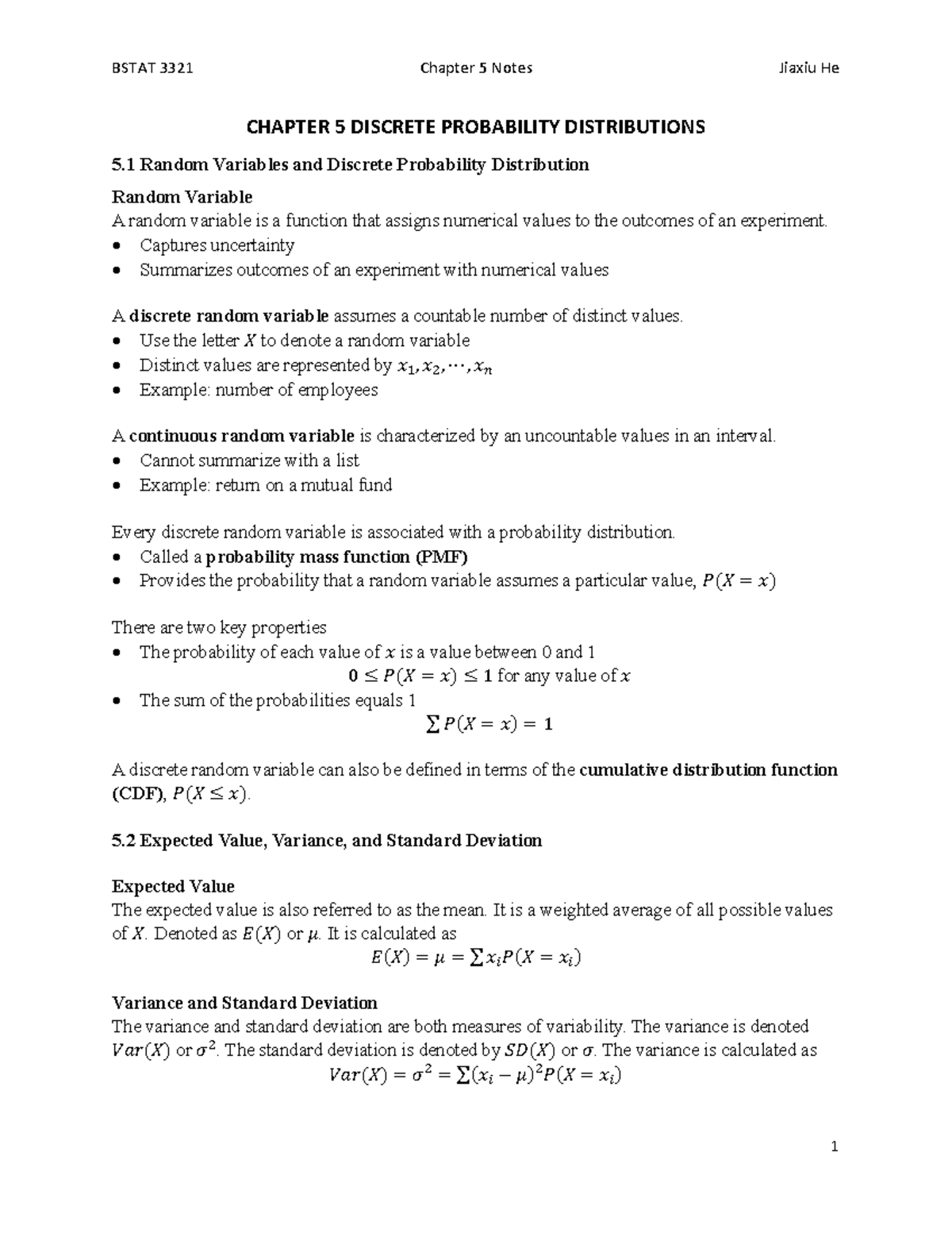 BSTAT 3321 Chapter 5 - Discrete Probability Distributions Notes - Studocu
