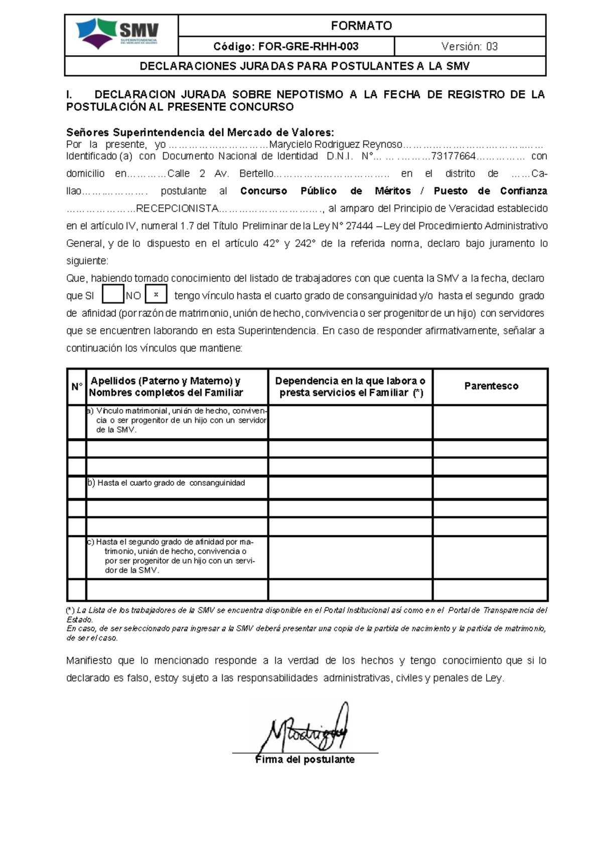 FORMATO DECLARACIONES JURADAS PARA POSTULANTES A LA SMV - RHH 003 - Studocu