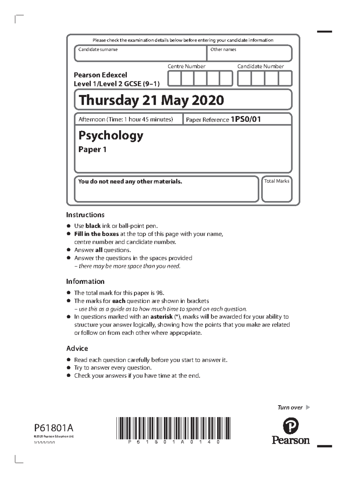 1ps0 may 2020 paper 1 qp edexcel gcse psychology - P61801a0140 P61801A ...