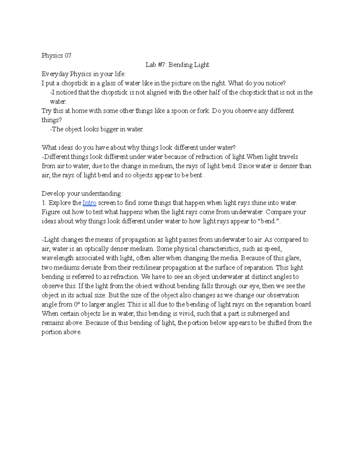 Physics 07 Lab #7: Understanding the Refraction of Light - Studocu
