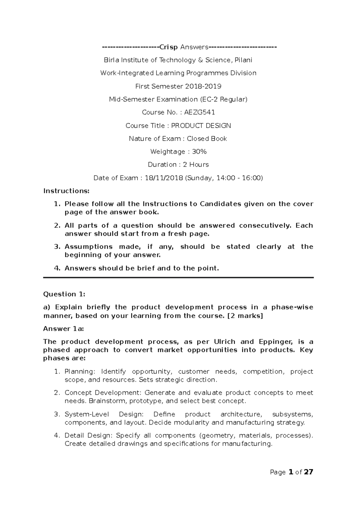 PDD Mid Sem Exam Answers - AEZG541 Product Design - Studocu