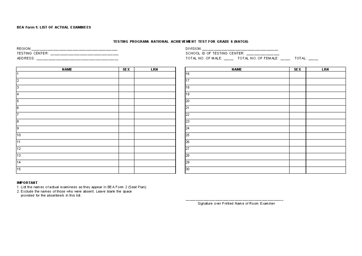 NATG6 2024 Form 12: List of Actual Examinees for Exam - Studocu