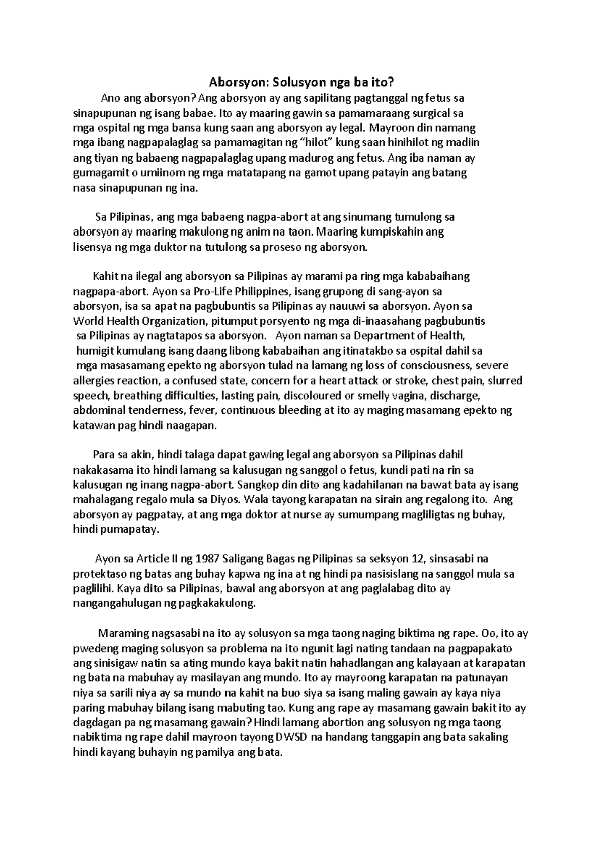 Argumentatibo - Aborsyon: Solusyon nga ba ito? Ano ang aborsyon? Ang ...