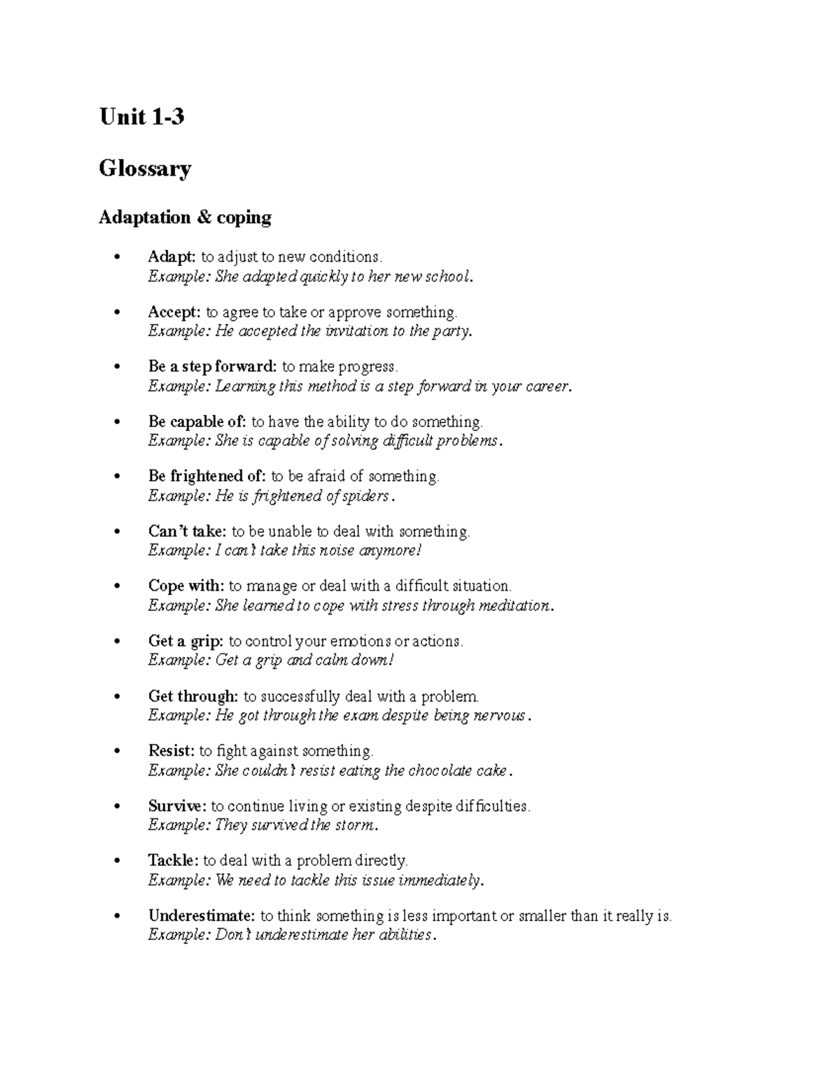 Unit 1-3 Vocabulary Glossary and Usage Examples - Studocu