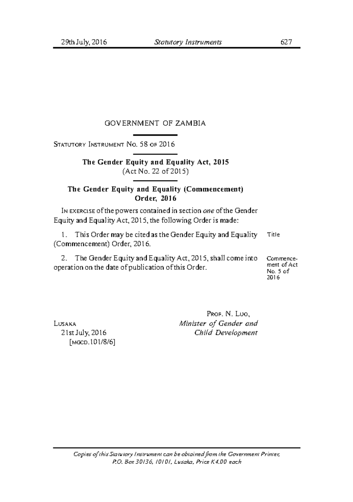 Statutory Instrument No. 58 of 2016: Gender Equity & Equality Order ...