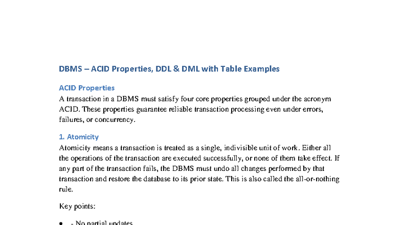 DBMS ACID Properties, DDL & DML Examples - CS101 - Studocu
