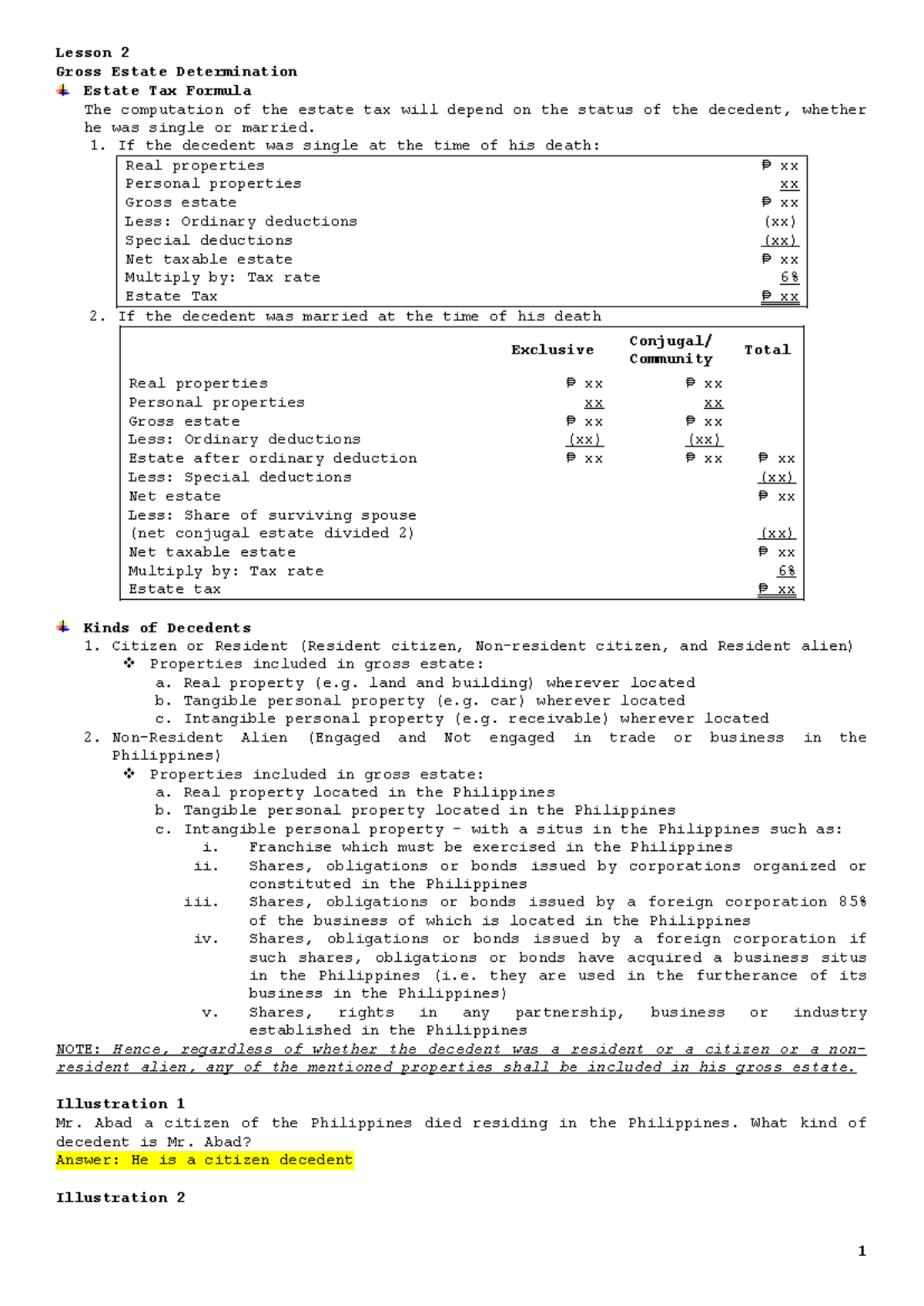 Lesson 2: Gross Estate Determination & Estate Tax Formula - Studocu