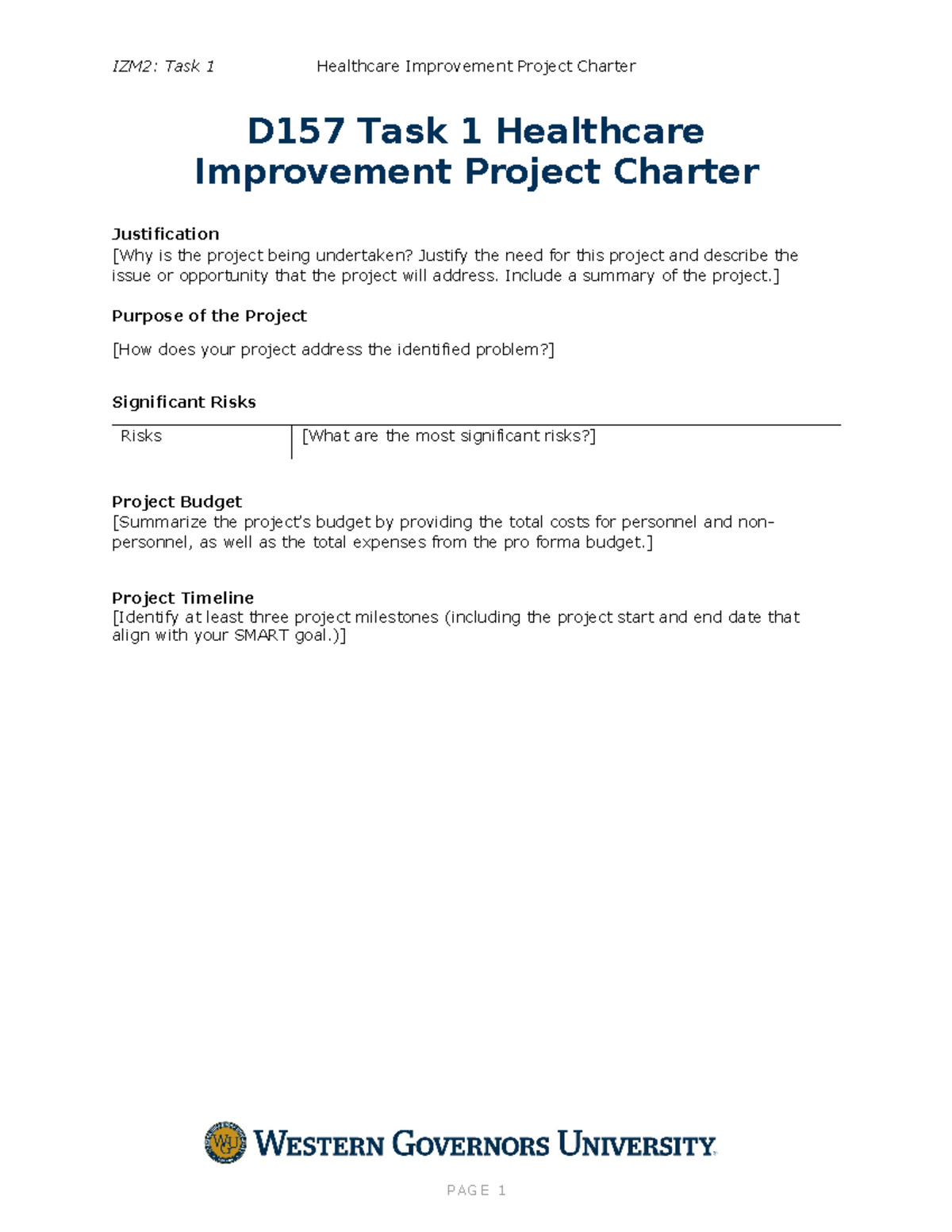 IZM2 D157 Task 1: Healthcare Improvement Project Charter Overview - Studocu