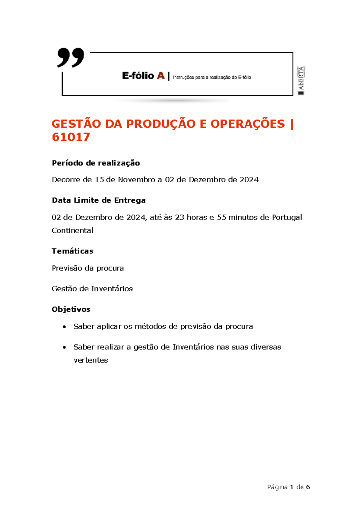 61017 Gestão da Produção e Operações: e-fólio 2024-2025 - Studocu